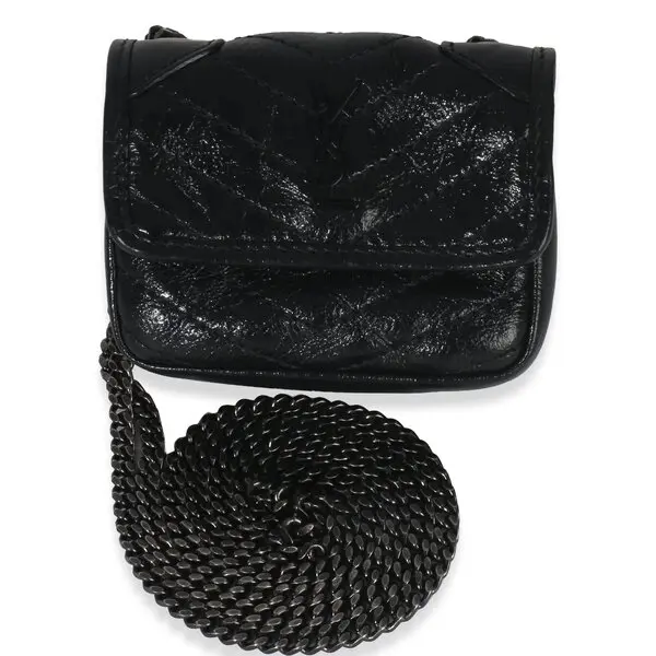 Saint Laurent Crinkled Calfskin Matelasse Micro Niki Airpods Case With Chain - Black