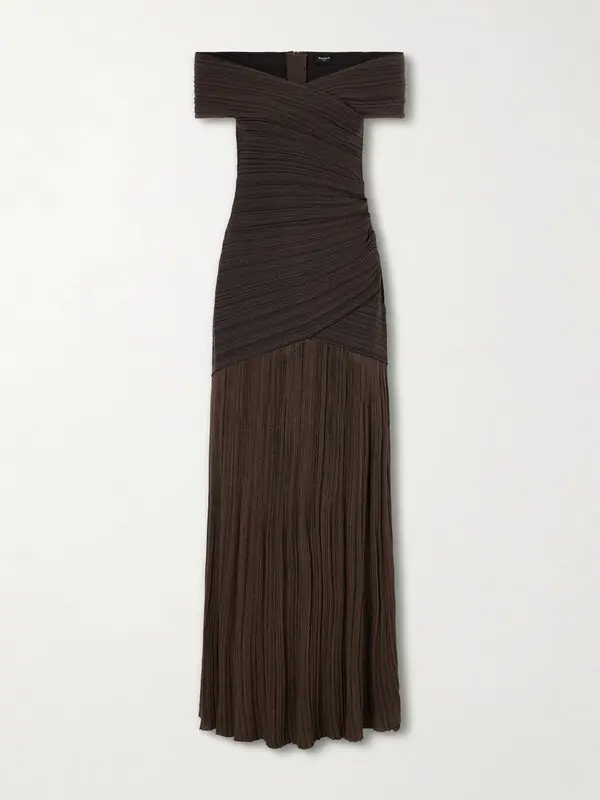 Balmain Off-the-shoulder Ribbed-knit Maxi Dress - Brown