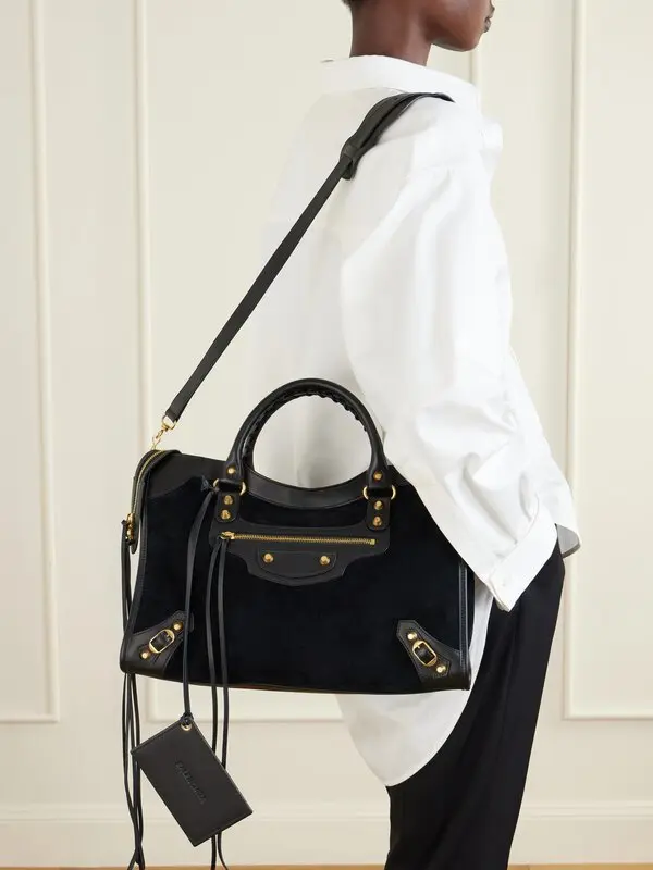 Balenciaga Le City Studded Leather-trimmed Suede Shoulder Bag - Black