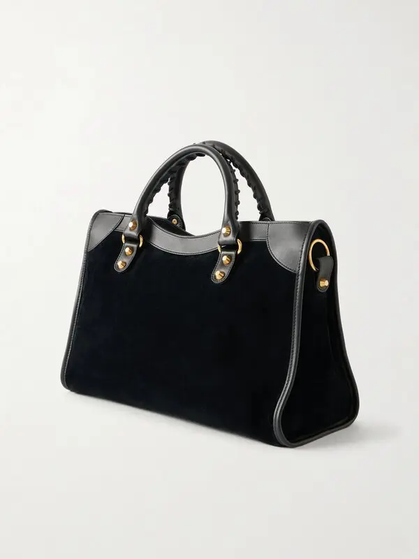 Balenciaga Le City Studded Leather-trimmed Suede Shoulder Bag - Black