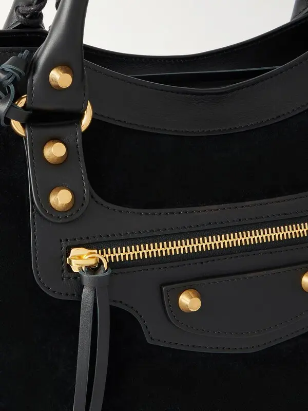 Balenciaga Le City Studded Leather-trimmed Suede Shoulder Bag - Black
