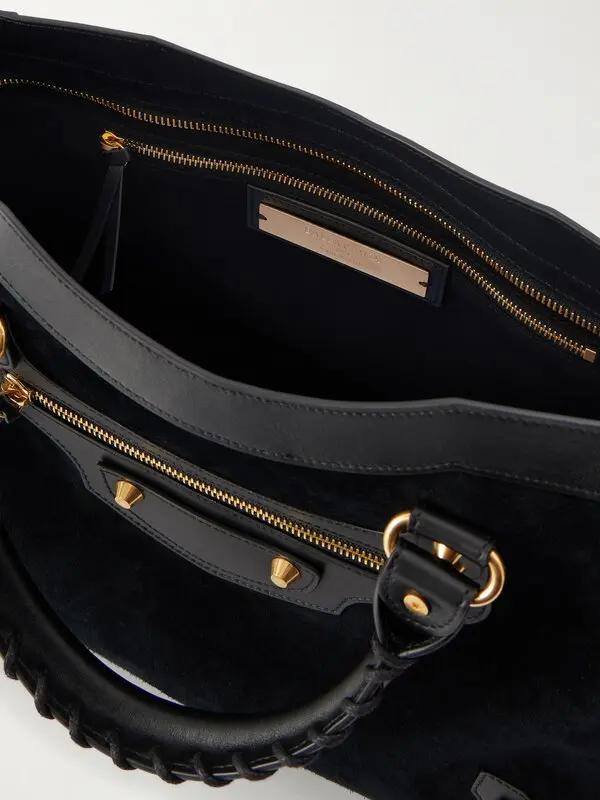 Balenciaga Le City Studded Leather-trimmed Suede Shoulder Bag - Black