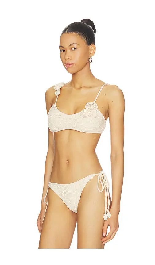 Devon Windsor Adrienne Crochet Bikini Top With Embellished Floral Accents And Tie Back - Vanilla