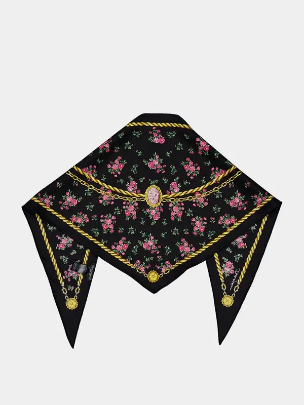 Dolce & Gabbana Black Floral And Chain Print Triangle Silk Scarf - Pink