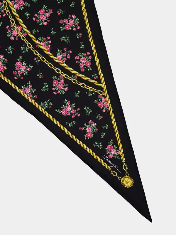 Dolce & Gabbana Black Floral And Chain Print Triangle Silk Scarf - Pink