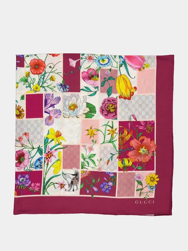 Gucci Mauve And Flora Blocks Wool Silk Shawl - Pink