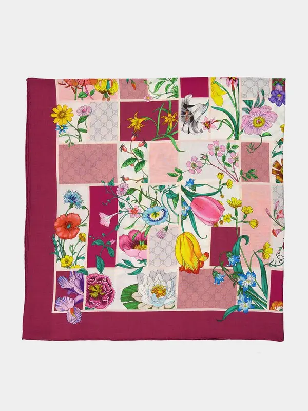 Gucci Mauve And Flora Blocks Wool Silk Shawl - Pink