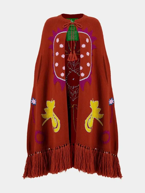 PAULA Hand-embroidered Knitted Cape - Orange