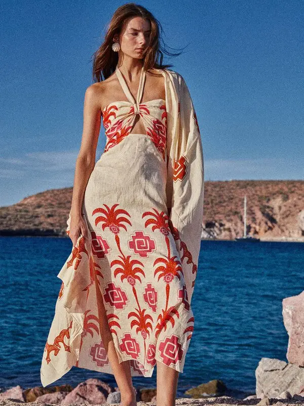 Johanna Ortiz Water Adventure Linen Halter Dress - Orange