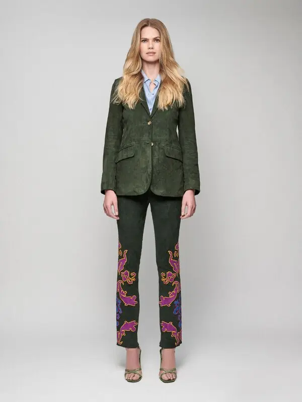 PAULA Zirconia Suede Embroidered Flared Pants - Purple