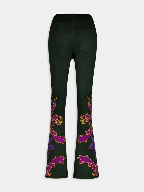 PAULA Zirconia Suede Embroidered Flared Pants - Purple