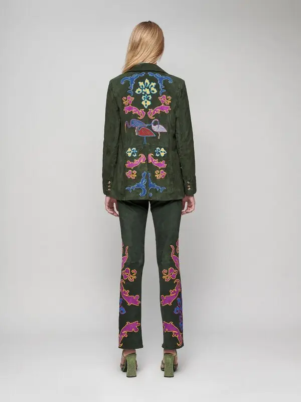 PAULA Zirconia Suede Embroidered Flared Pants - Purple