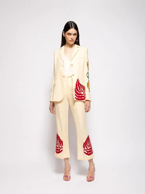 PAULA Linen Flared Pants With Embroidered Patches - Multicolour