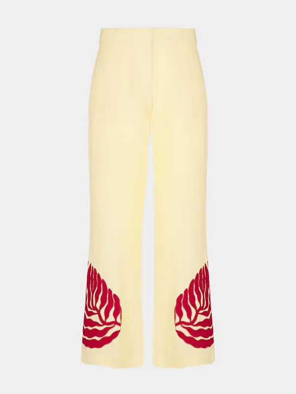 PAULA Linen Flared Pants With Embroidered Patches - Multicolour