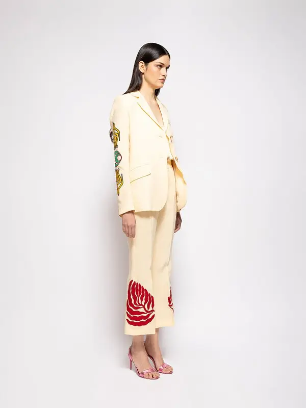 PAULA Linen Flared Pants With Embroidered Patches - Multicolour