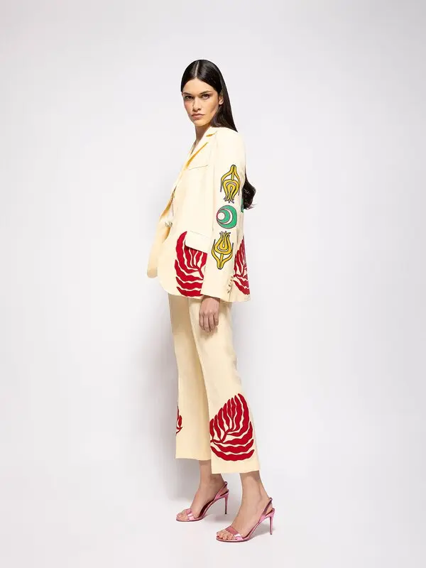 PAULA Linen Flared Pants With Embroidered Patches - Multicolour