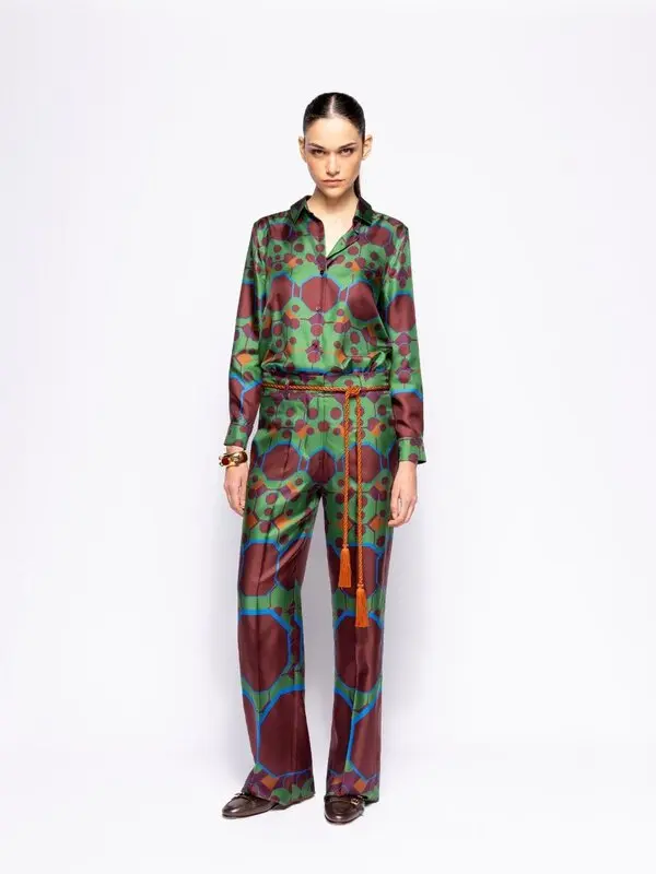 PAULA Printed Silk Twill Tailored Pants - Multicolour
