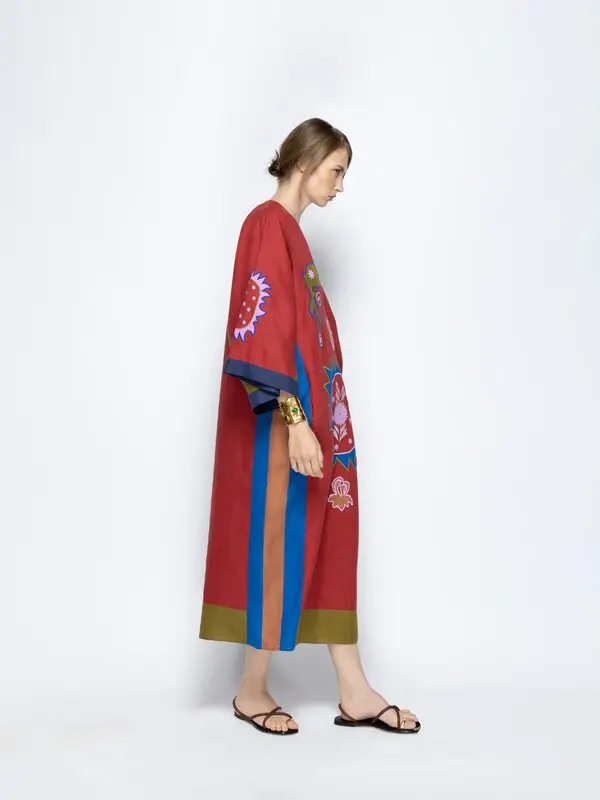PAULA Dahlia Linen Dress With Embroidered Patches - Multicolour