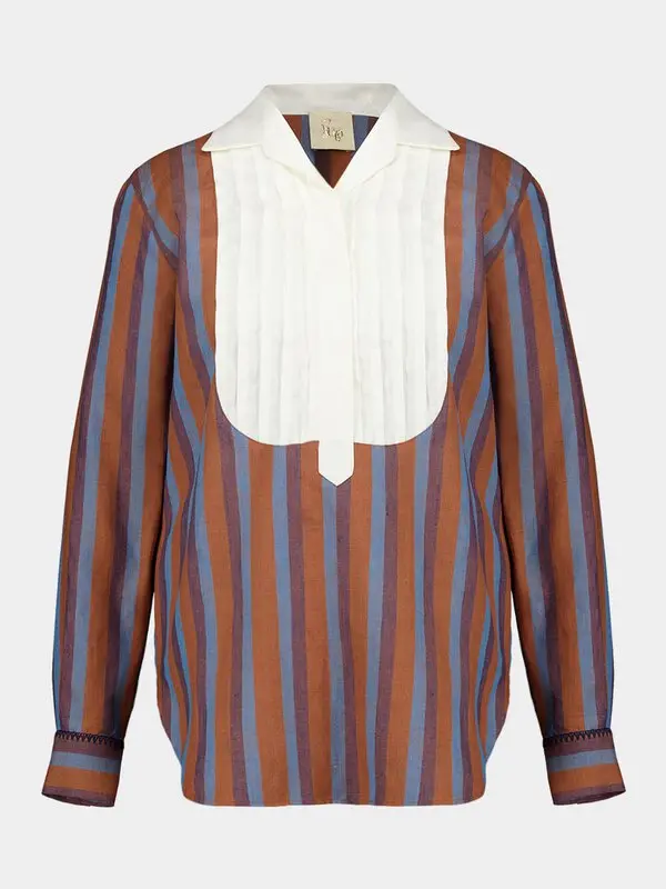 PAULA Bella Blue Stripes Embroidered Linen Shirt With Bib - Multicolour