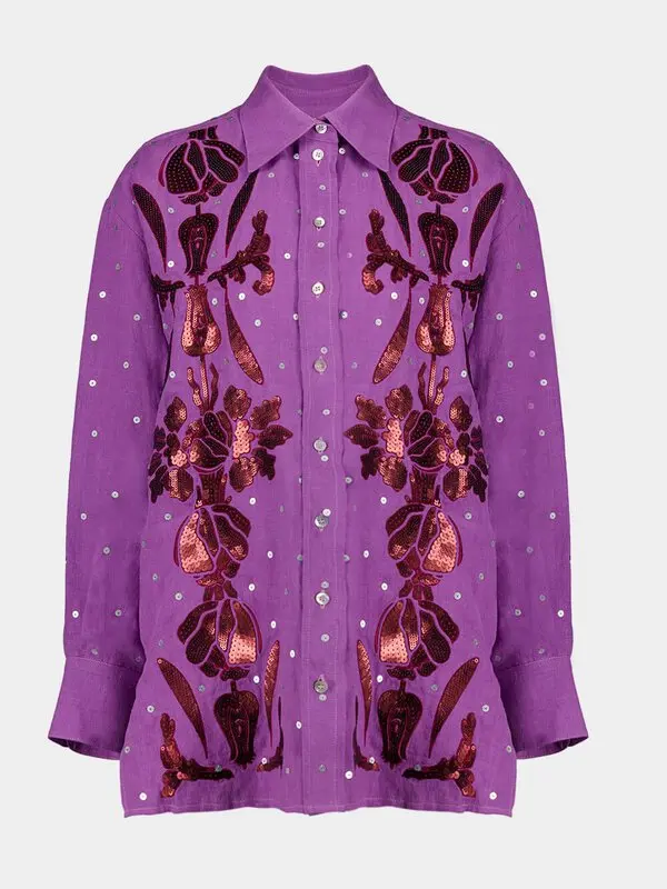 PAULA Sequined Embroidered Linen Shirt