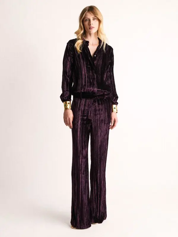 PAULA Morchella Italian Plum Pleated Velvet Pants - Purple