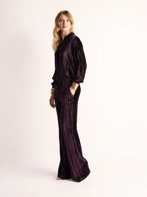 PAULA Morchella Italian Plum Pleated Velvet Pants - Purple