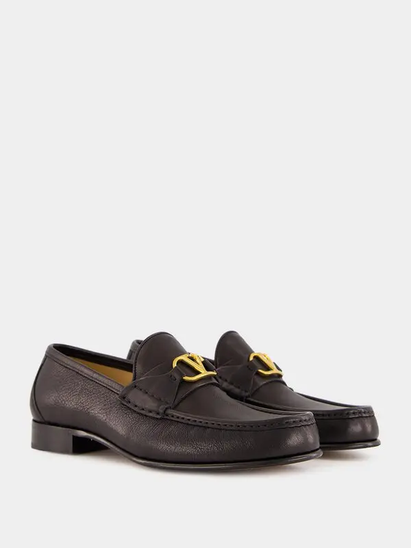 Valentino Garavani Leather Loafers With Brass Logo - Grey