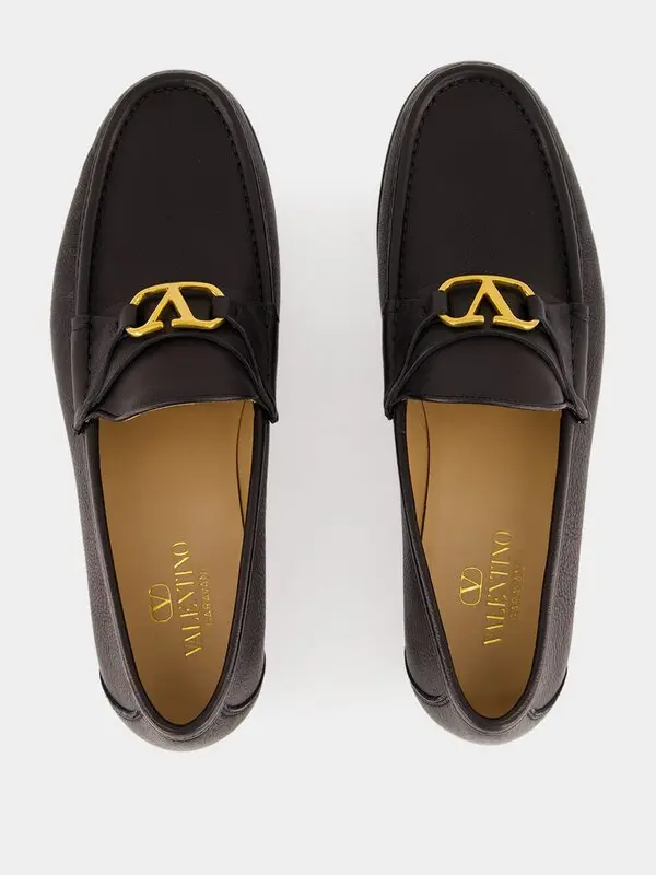 Valentino Garavani Leather Loafers With Brass Logo - Grey