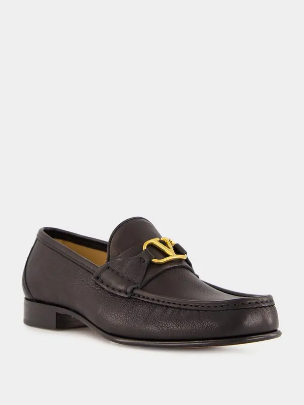 Valentino Garavani Leather Loafers With Brass Logo - Grey