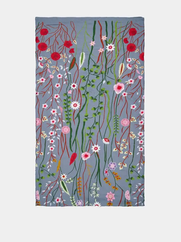 LES-OTTOMANS Embroidered Spring Flowers Cotton Tablecloth - Grey