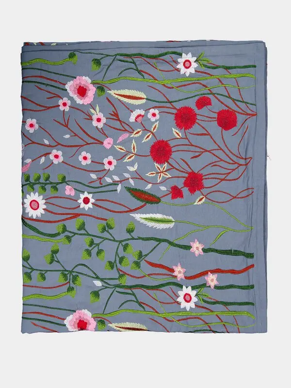 LES-OTTOMANS Embroidered Spring Flowers Cotton Tablecloth - Grey