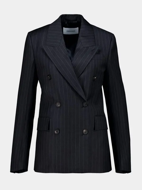 FERRAGAMO Pinstripe Wool Double-breasted Blazer - Grey