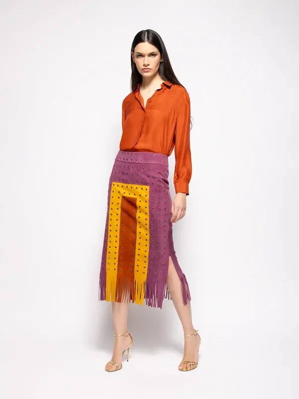 PAULA Campfire Potion Suede Skirt With Fringe