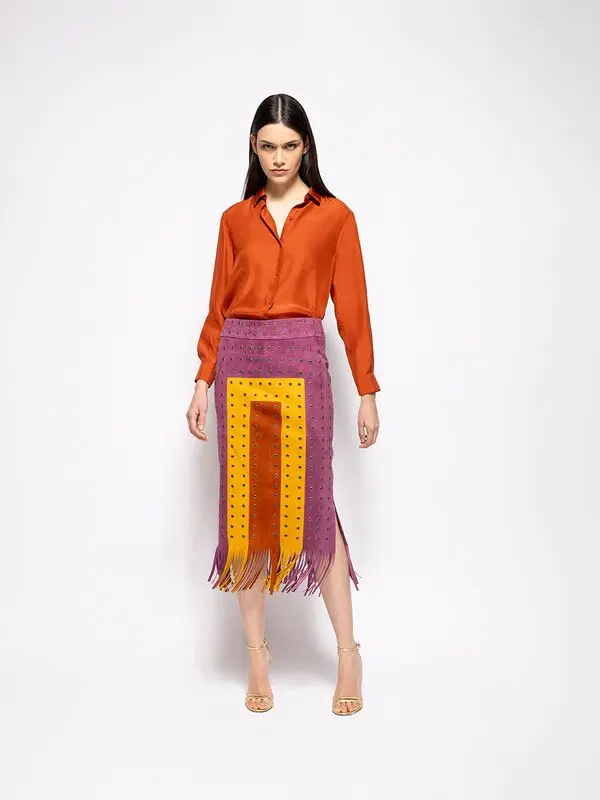 PAULA Campfire Potion Suede Skirt With Fringe