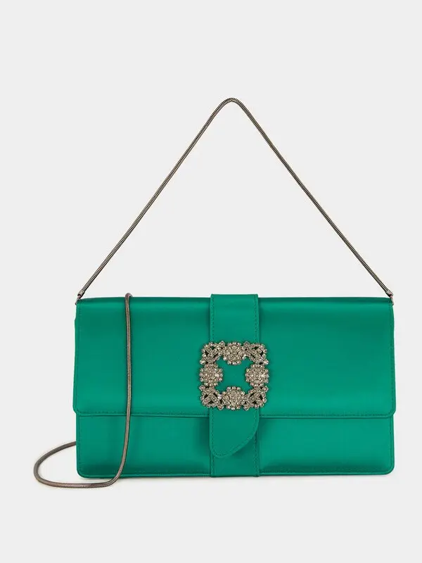 Manolo Blahnik Capri Satin Jewel Buckle Clutch - Green