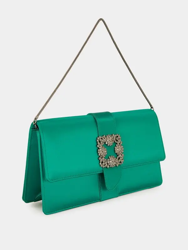 Manolo Blahnik Capri Satin Jewel Buckle Clutch - Green