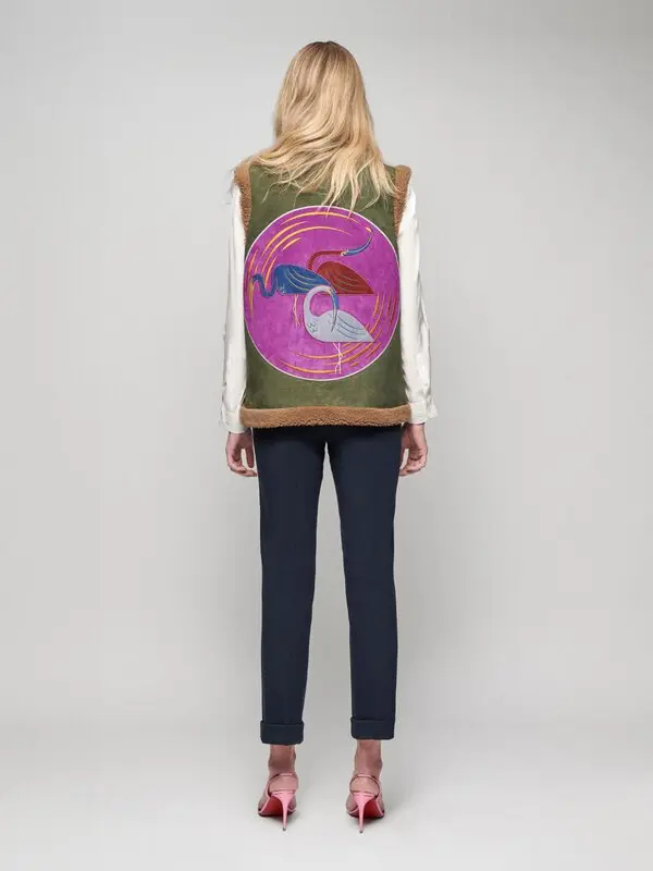 PAULA Name Odoria Shearling Vest With Embroidery - Green