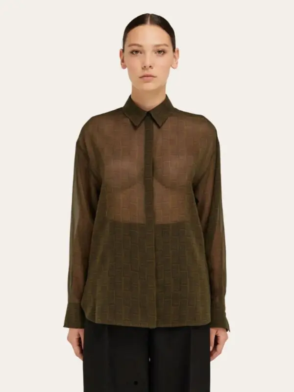 FERRAGAMO Monogram Georgette Silk Shirt - Green