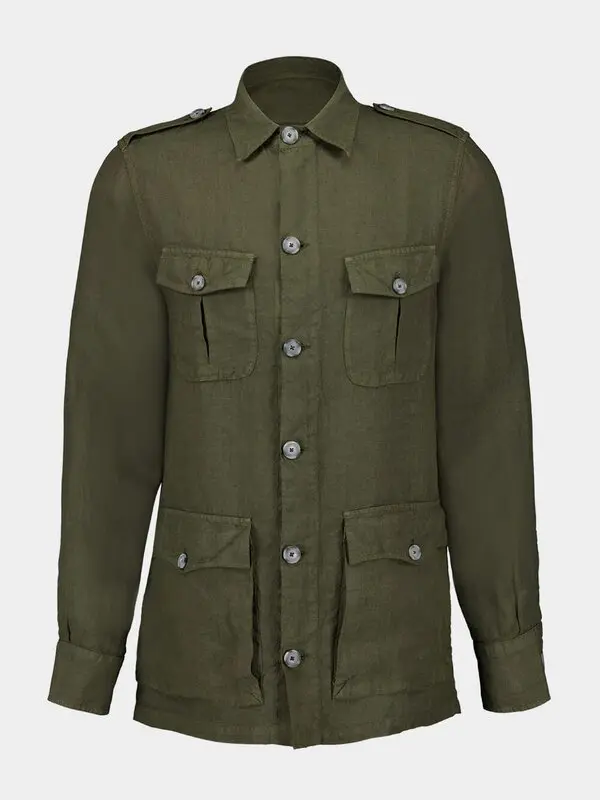 120% Lino Linen Military Jacket With Pockets - Green