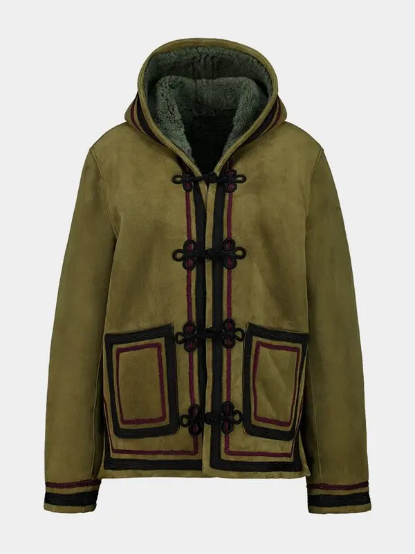 BAZISZT Khaki Shearling Herans Hooded Jacket