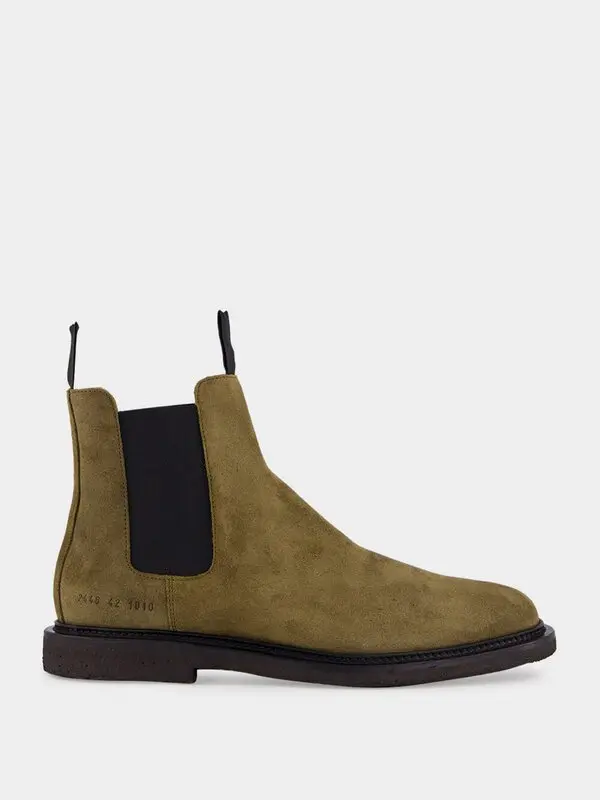 COMMON PROJECTS Olive Waxed Suede Chelsea Boots - Green