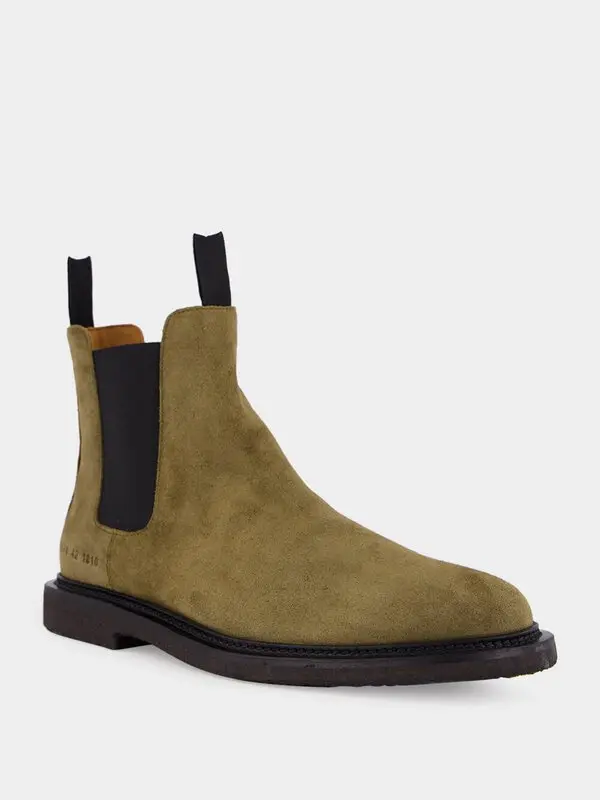 COMMON PROJECTS Olive Waxed Suede Chelsea Boots - Green