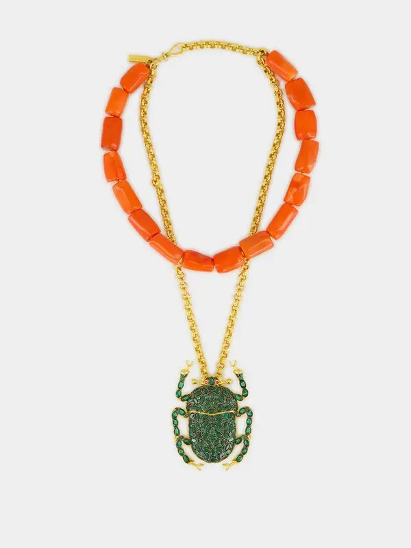 Begum Khan Gold-plated Scarab Coral Necklace - Orange