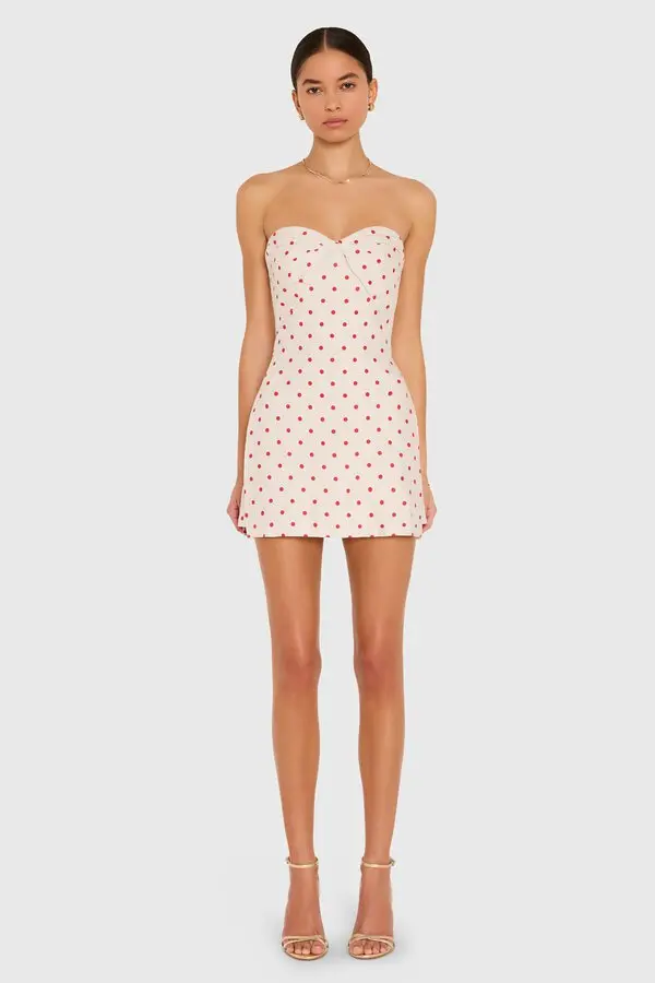 Amanda Uprichard Strapless Mini Romper In Polka Dot - Beige Red