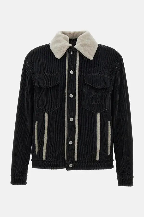 Fendi Corduroy Blouson Jacket With Shearling Collar - Black