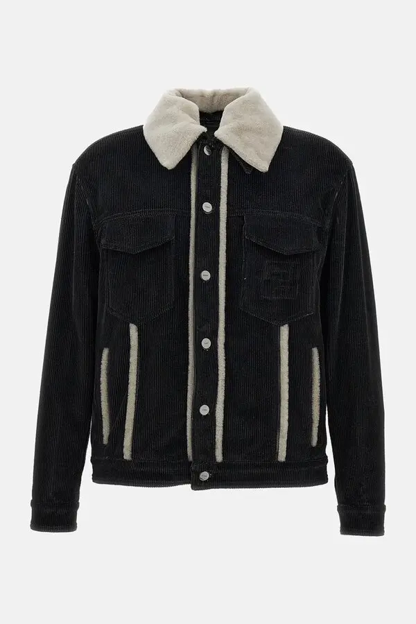 Fendi Corduroy Blouson Jacket With Shearling Collar - Black