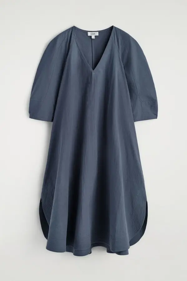 Cos Rounded V-neck Cotton Midi Dress - Blue