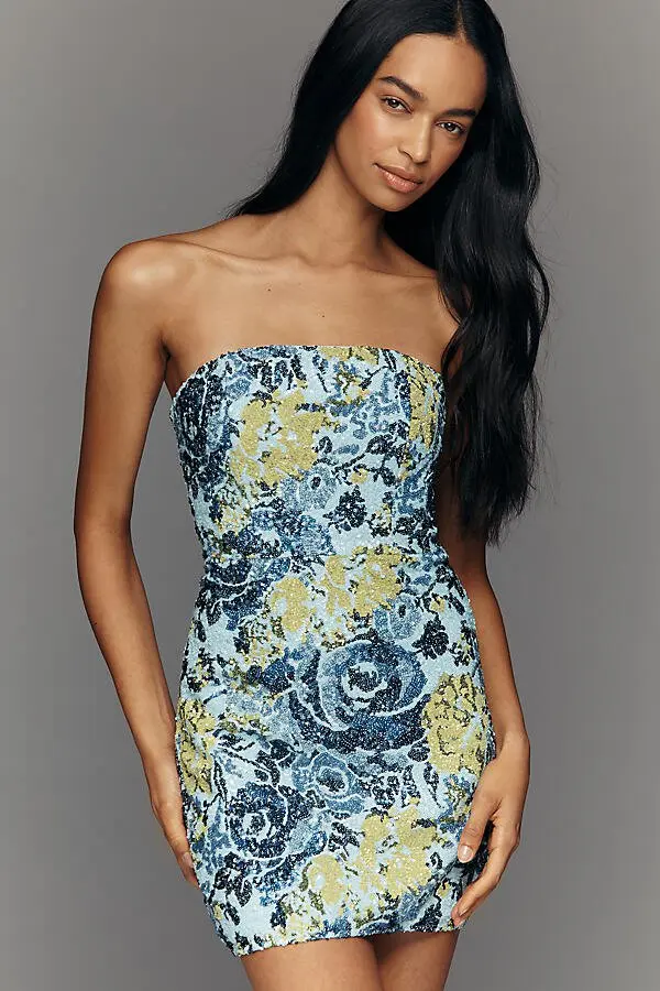 Dress The Population Camila Strapless Mini Dress - Blue Pattern