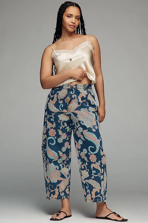 NEVER FULLY DRESSED Paisley Denim Barrel Pants