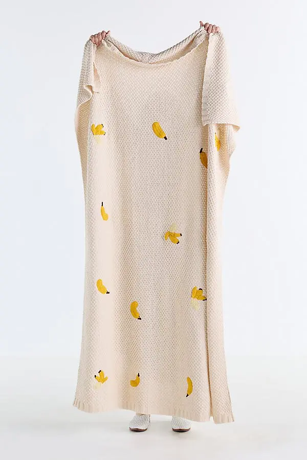 Anthropologie Isabella Cotton Knit Banana Icon Throw - Yellow Pattern